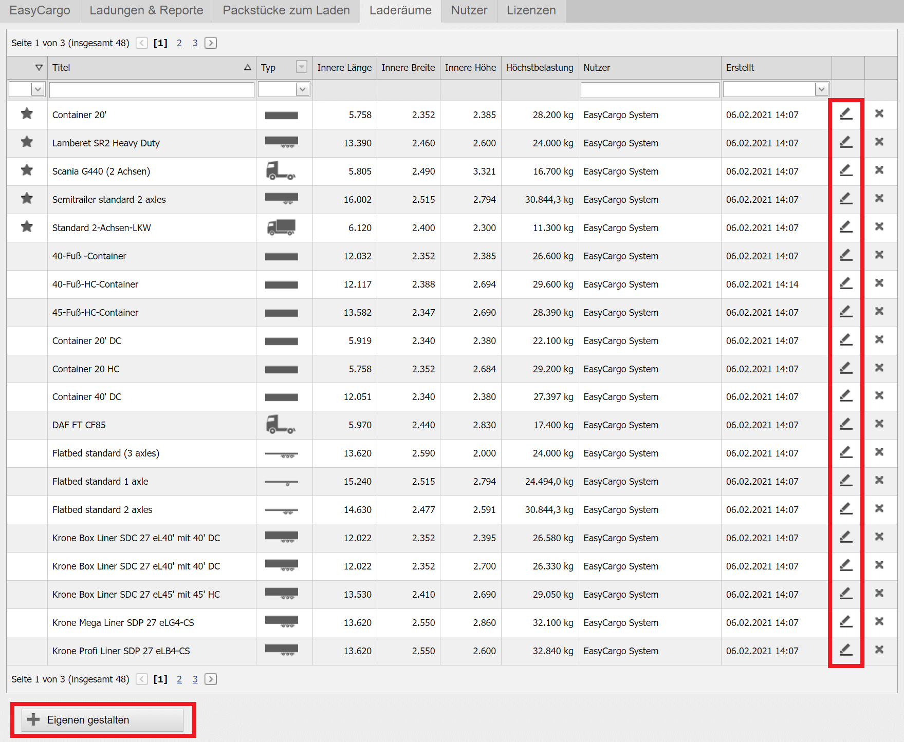 Möglichkeiten zur Arbeit mit Laderäumen in EasyCargo | EasyCargo